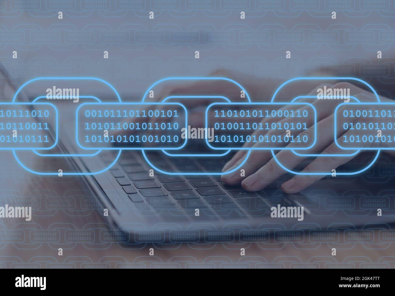 Cropped young female works on laptop keyboard, protects digital data ...