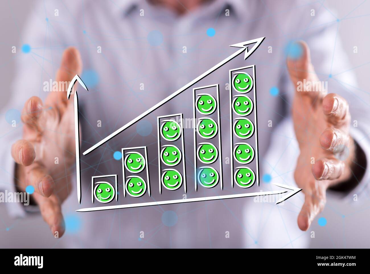 Customer satisfaction concept between hands of a man in background ...