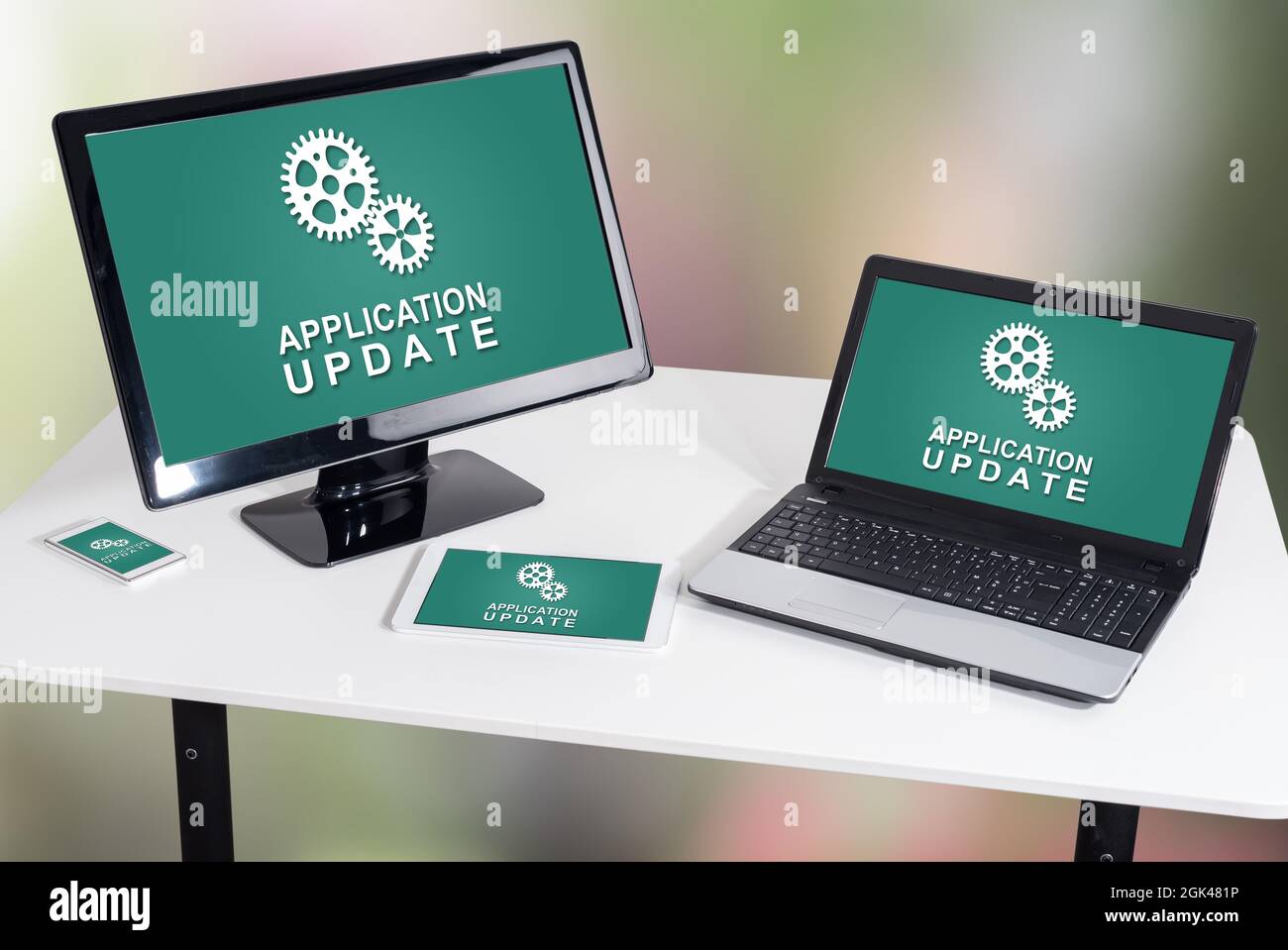 Application update concept shown on different information technology ...