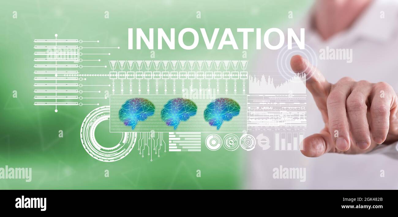 Man touching an innovation concept on a touch screen with his finger ...