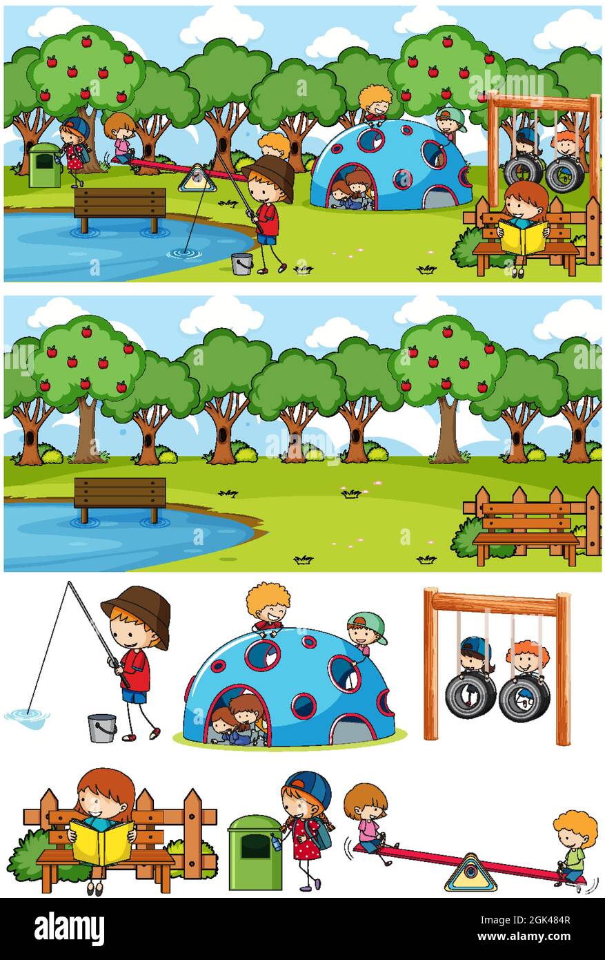 Park scene set with many kids doodle cartoon character isolated ...