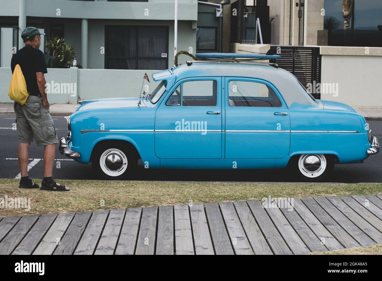TAURANGA, NEW ZEALAND - Aug 15, 2019: A vintage bright blue car in ...