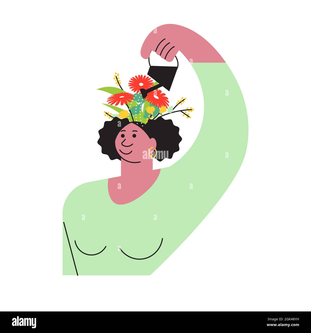 Smart woman watering self-improvement flowers on her head. Personality growth, personal ...