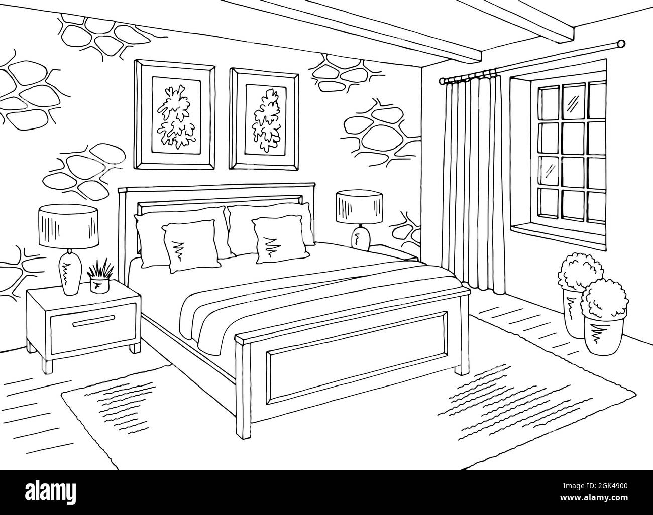 Bedroom graphic black white home interior sketch illustration vector ...