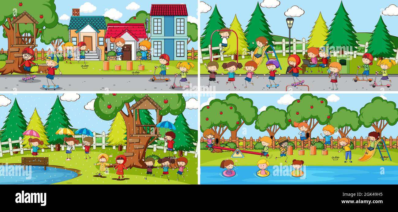 Outdoor scene set with many kids doodle cartoon character illustration ...