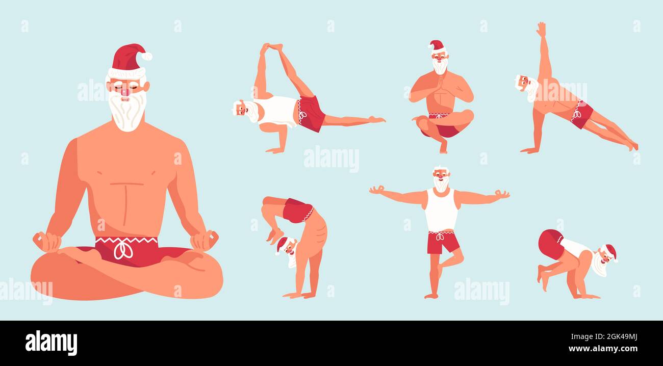 Set of Santa Claus doing yoga poses. Cartoon Christmas character ...