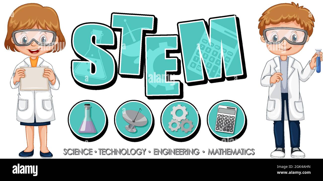 STEM education logo with scientist kids cartoon character illustration ...