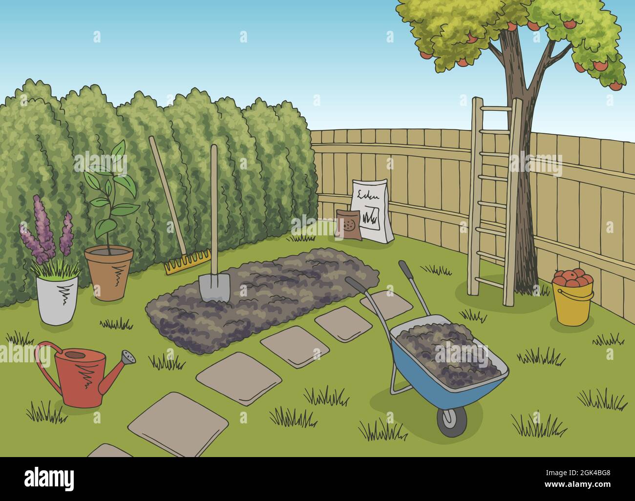 Work in garden yard graphic color landscape sketch illustration vector ...