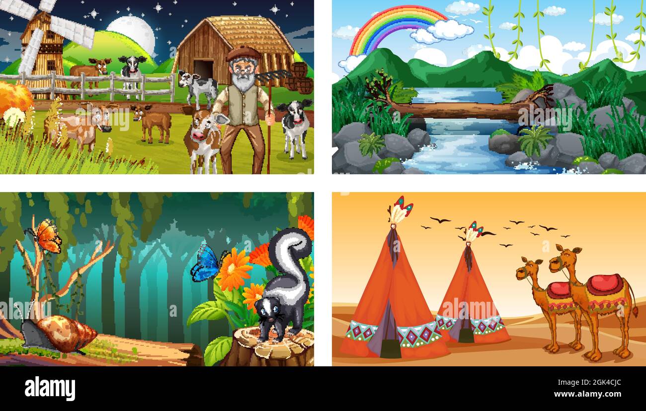 Four different nature horizontal scene illustration Stock Vector Image ...