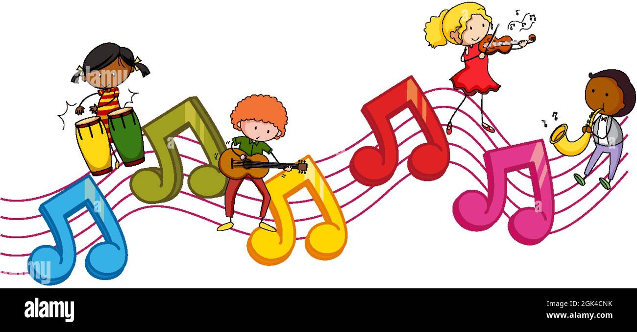 Musical melody symbols with many doodle kids cartoon character ...