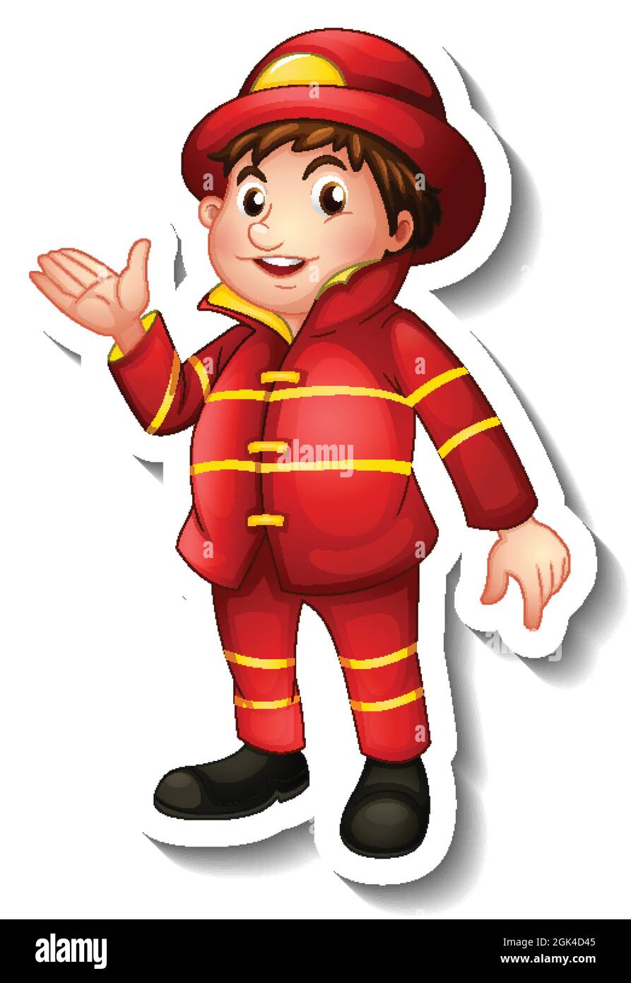 Sticker design with a fireman cartoon character illustration Stock ...