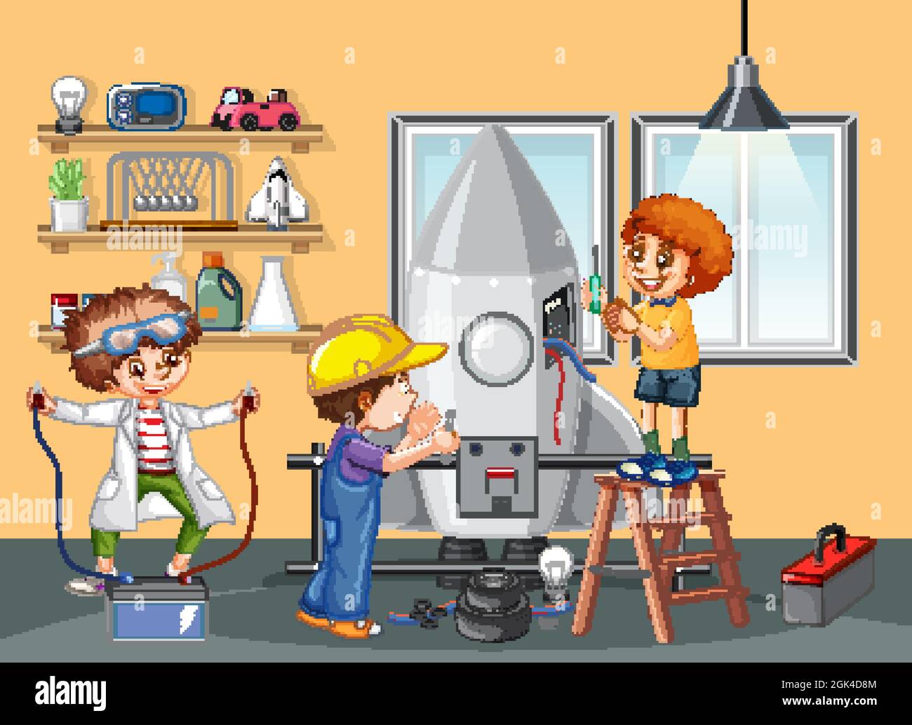 Kids building robot together in the room scene illustration Stock ...