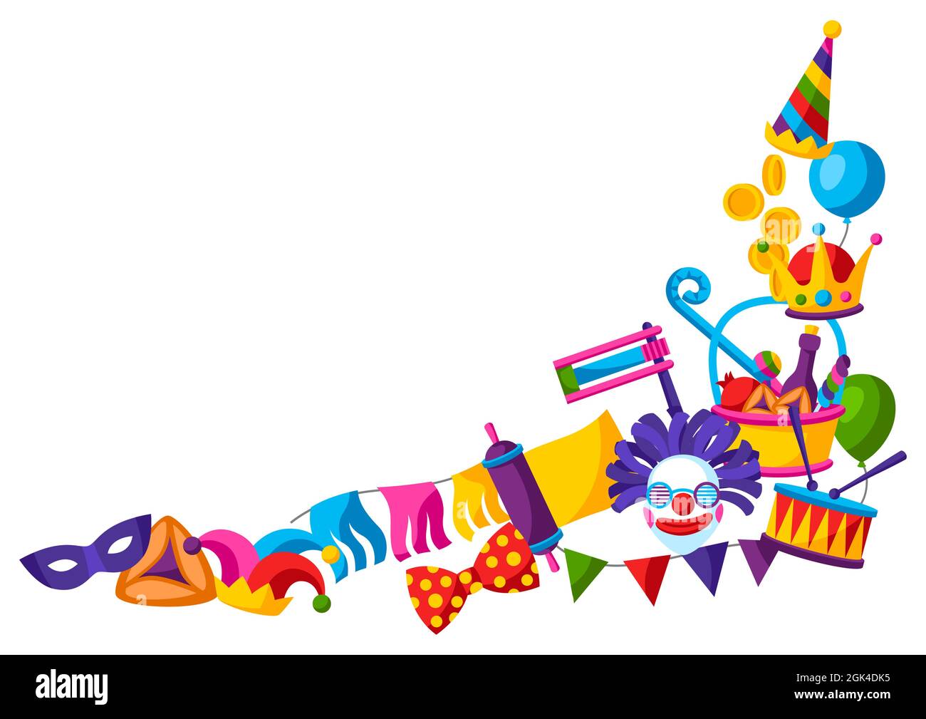 Happy Purim Jewish holiday frame. Background with traditional symbols ...
