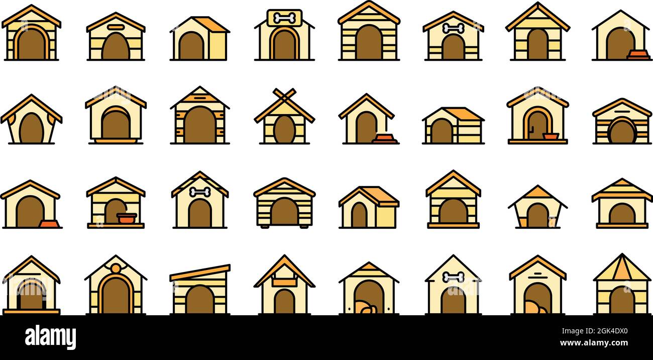 Dog kennel icons set outline vector. Pet accessory. Dog canine cabin ...
