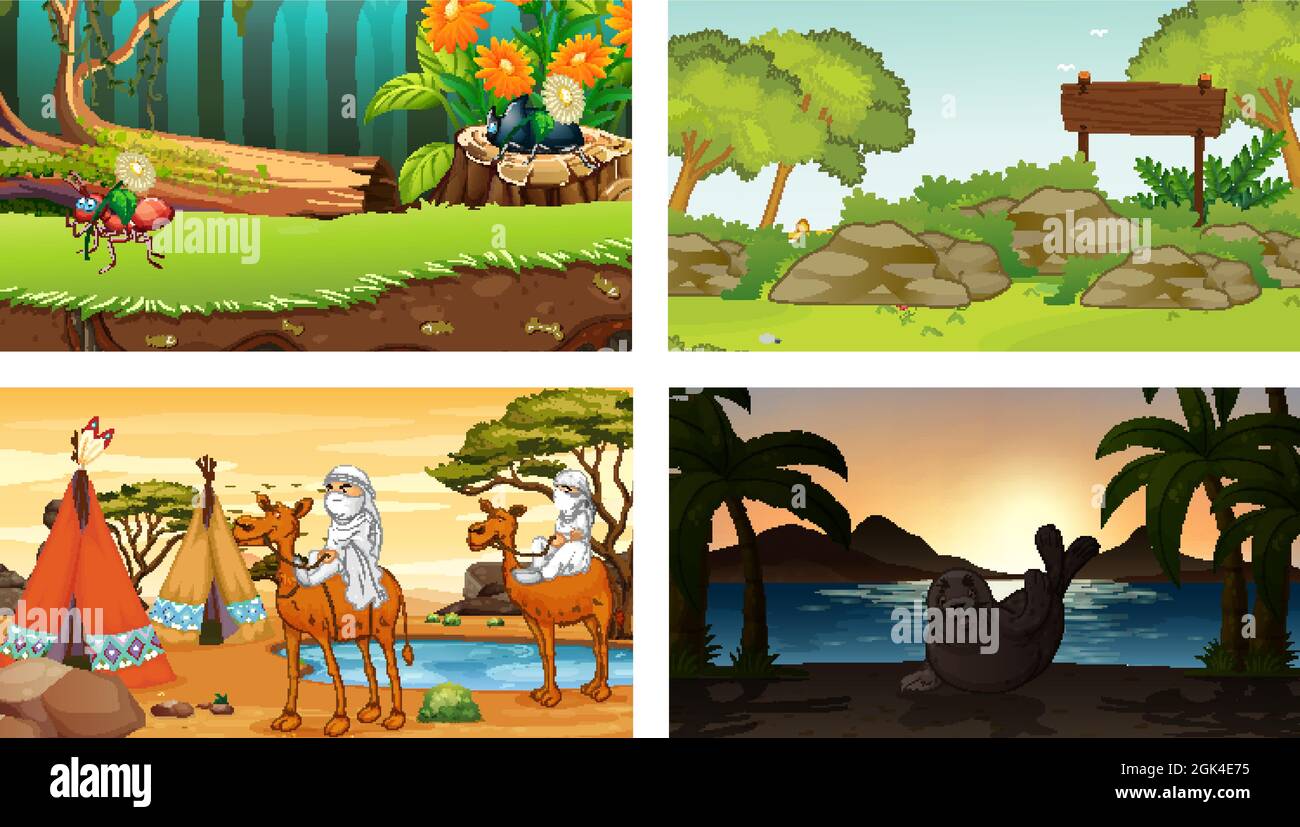Four different nature horizontal scene illustration Stock Vector Image ...