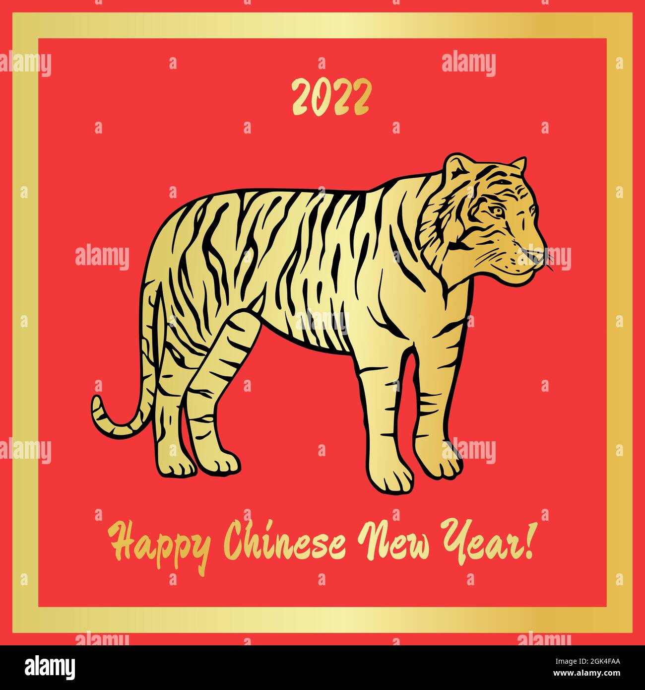 Happy Chinese 2022 New year card, tiger vector animal illustration. Red oriental greeting zodiac ...
