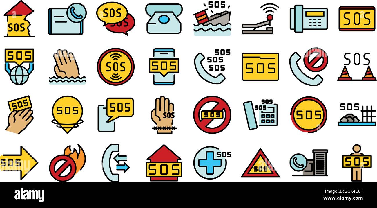 Sos icons set. Outline set of sos vector icons thin line color flat ...
