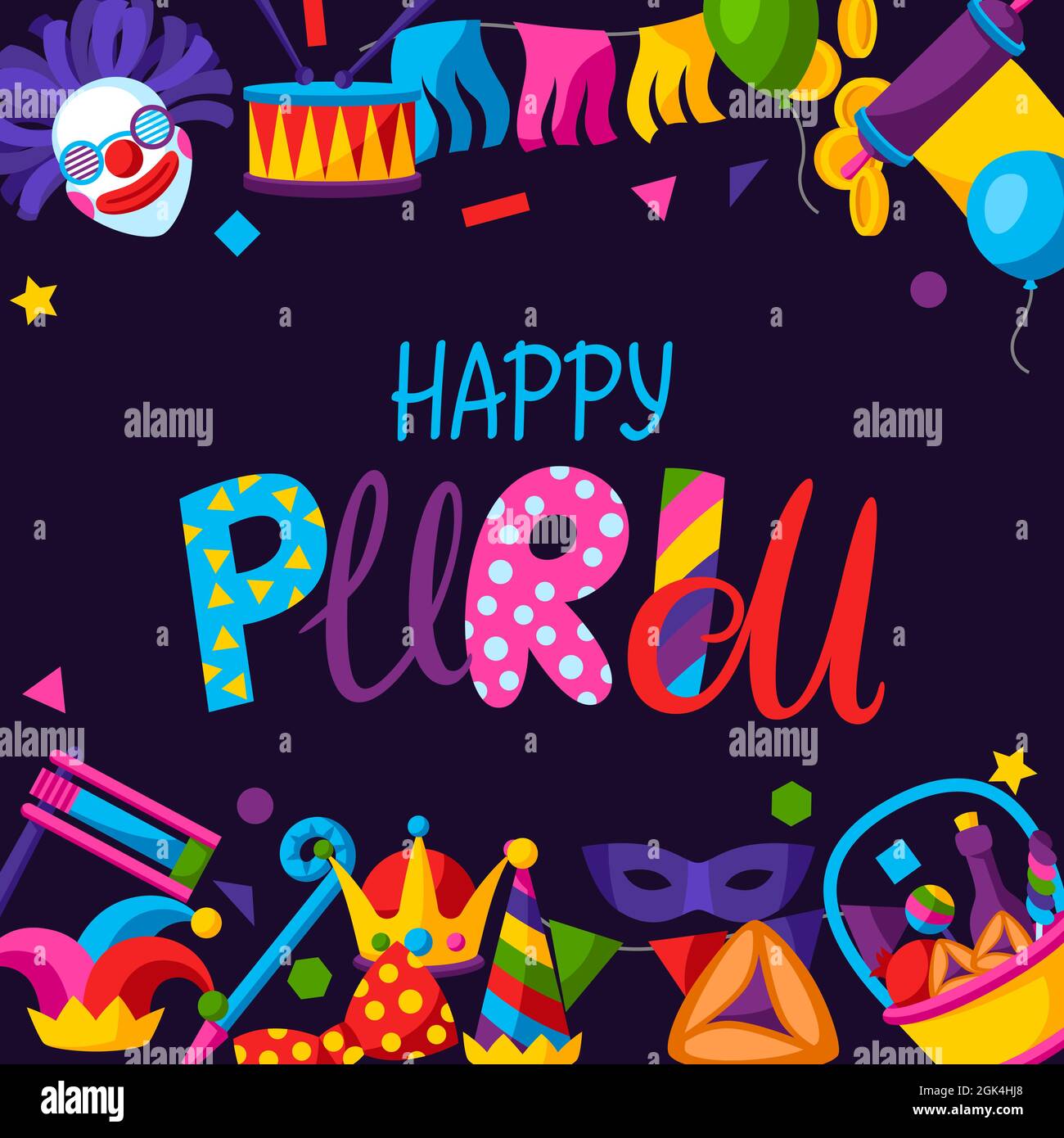 Happy Purim Jewish holiday greeting card. Background with traditional ...