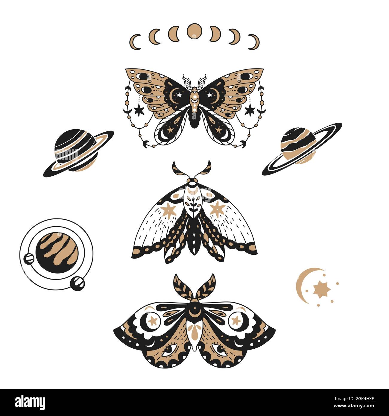 Butterfly magic mystic set with planet, star and moon. Alchemy art ...