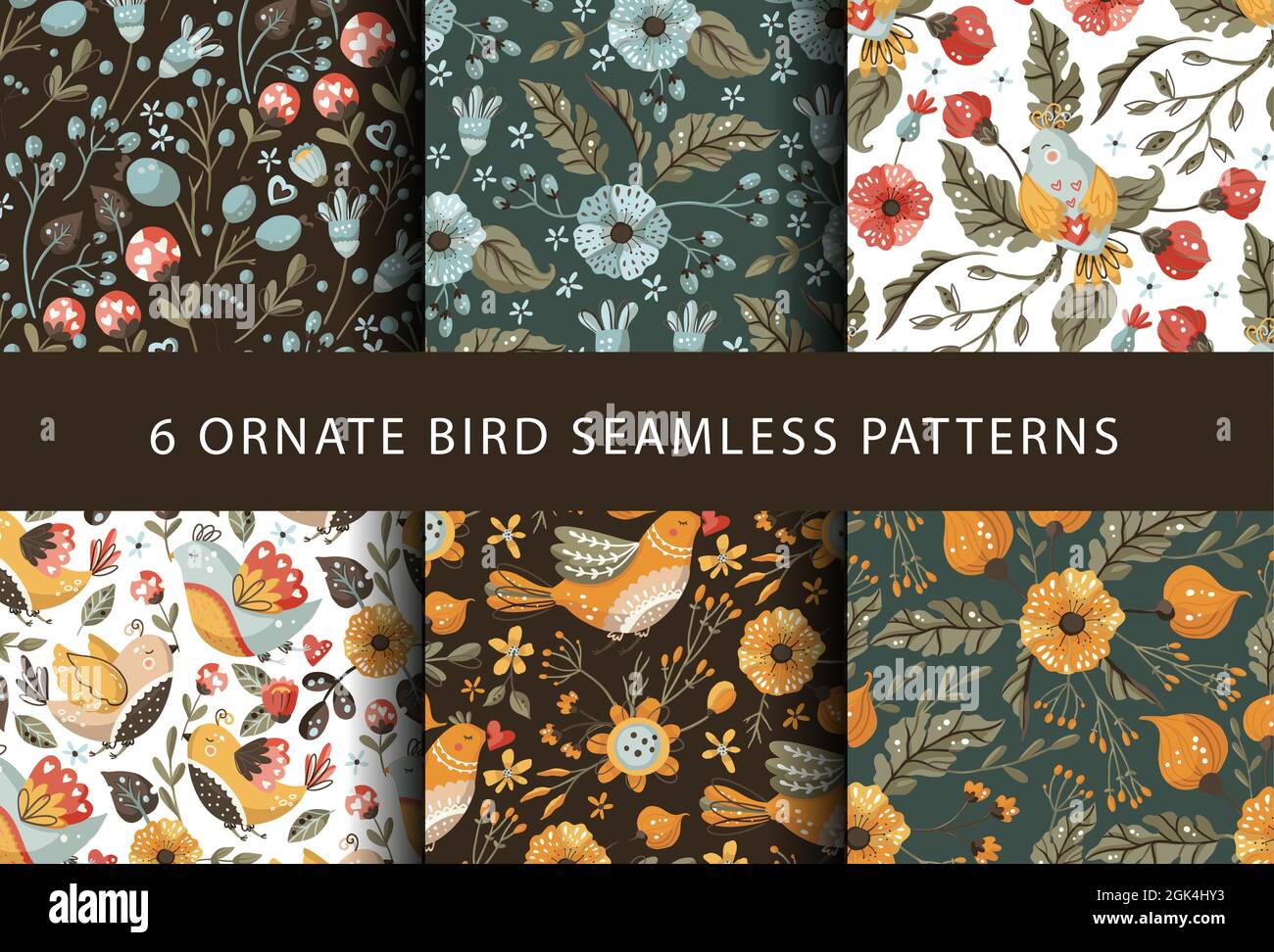 Boho bird flower seamless pattern folk art set. Bohemian floral vector ...