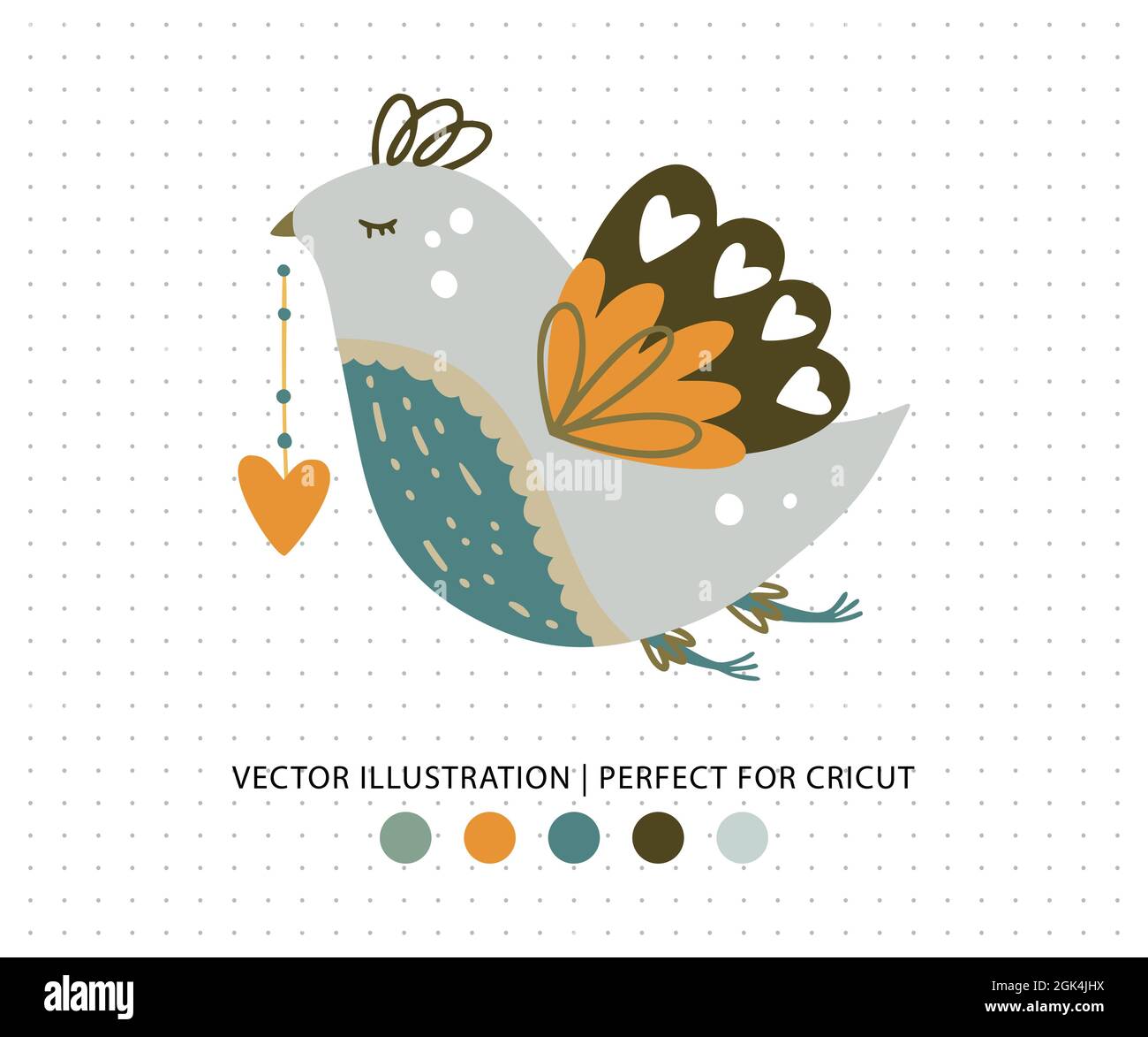 Cute romantic bird and heart cartoon print. Hand drawn scandinavian ...