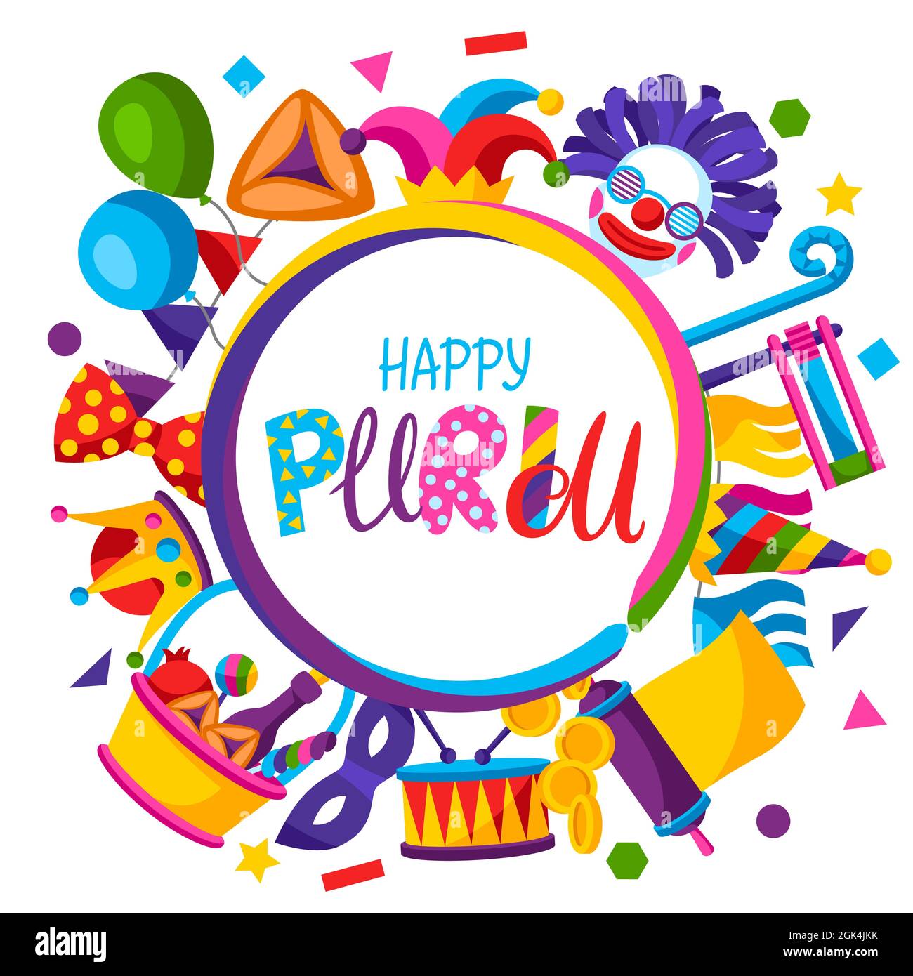 Happy Purim Jewish holiday greeting card. Background with traditional ...