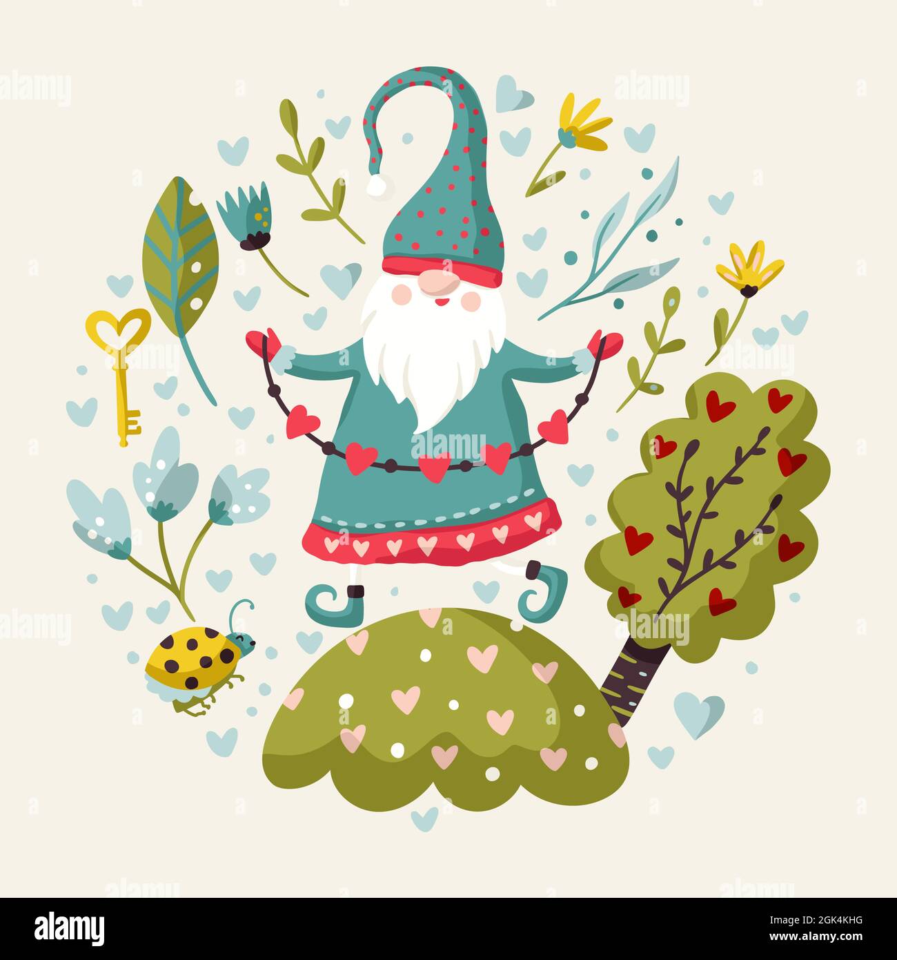 Vector cute colorful illustration of garden gnome with heart and flower ...