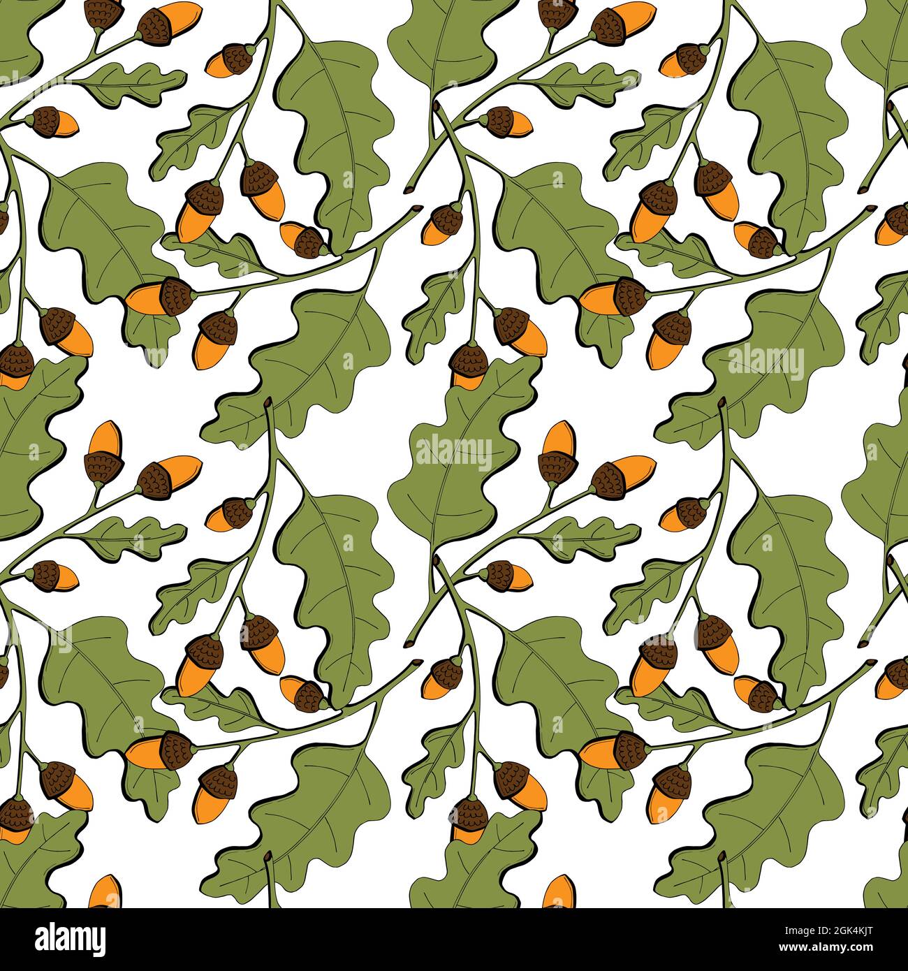 Autumn pattern of oak acorns, branch with leaves and acorn nuts, hand ...