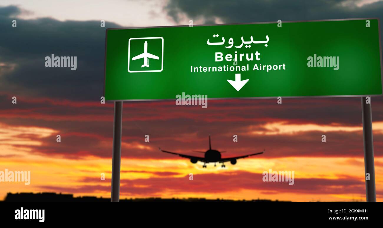 Airplane silhouette landing in Beirut, Lebanon. City arrival with ...