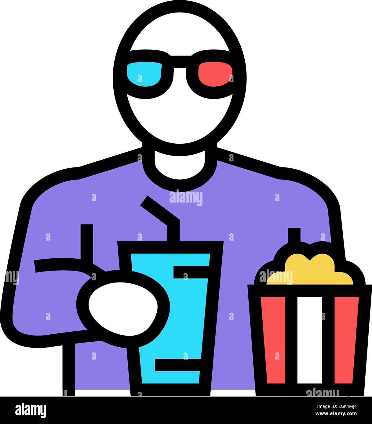 spectator watching movie and eating popcorn in cinema color icon vector ...