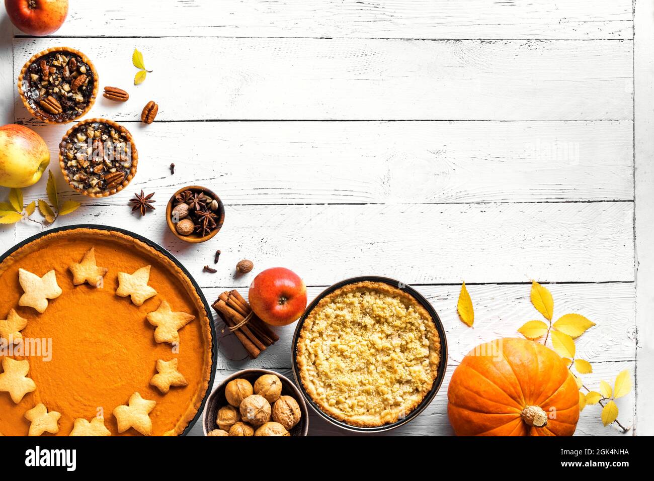 Thanksgiving autumn pies on white wooden background, copy space. Fall ...