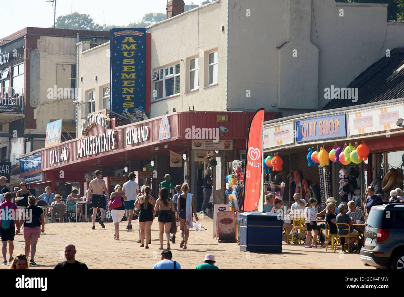 visitors on cobble landing Filey Beach, North Yorkshire east coast ...