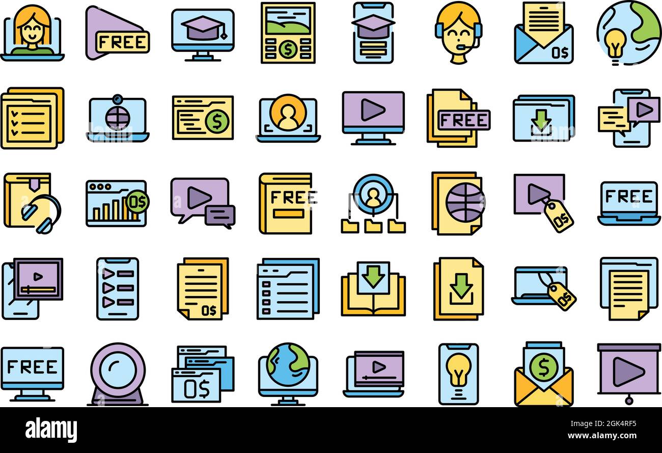 Free course icons set outline vector. Virtual computer class. Free app ...