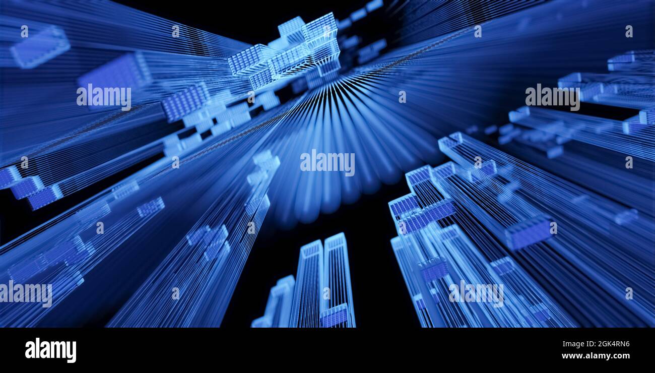 Abstract technology wallpaper with blue wireframe rectangles and squares floating against black ...