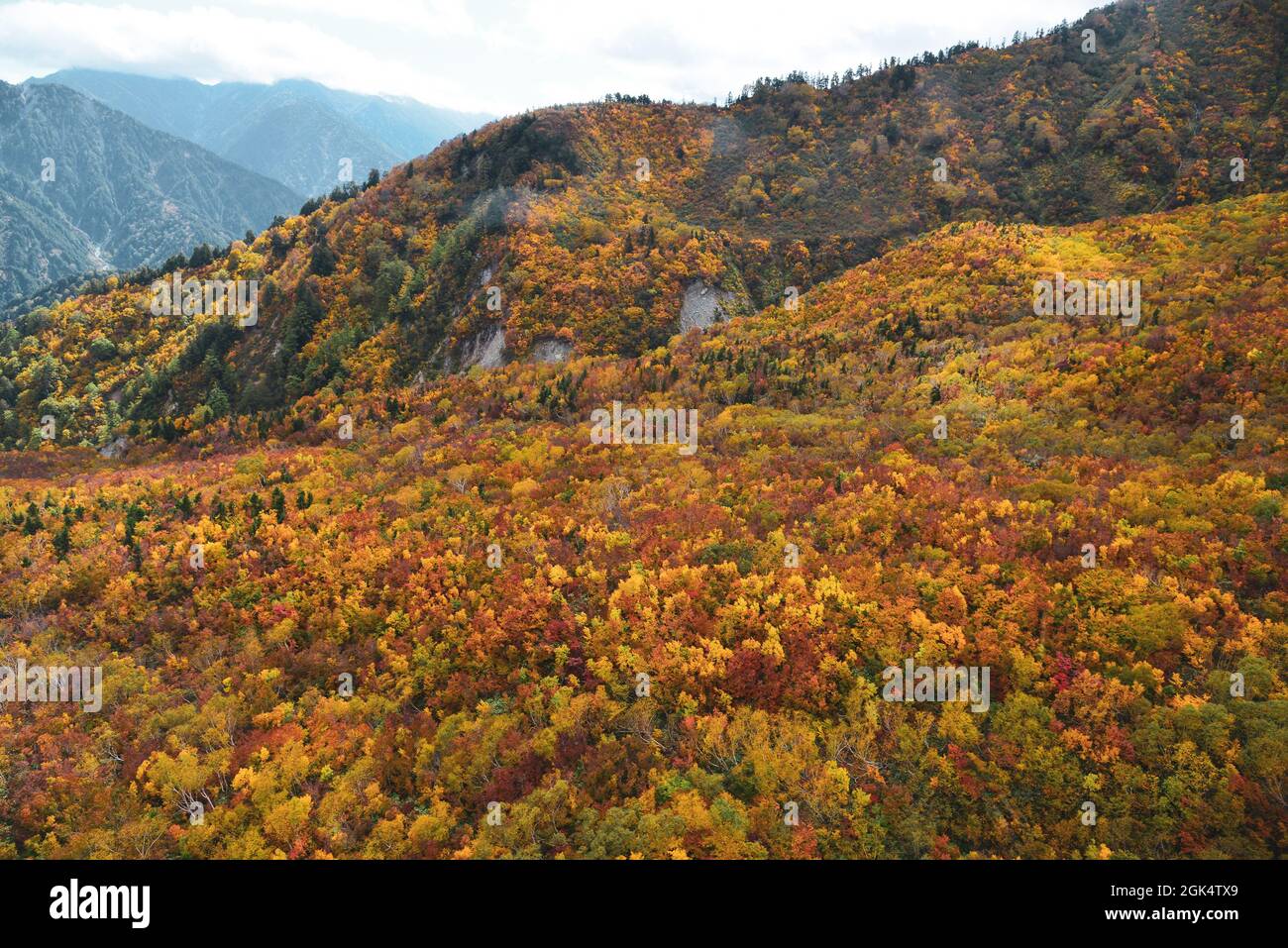 Beautiful mountain scenery near Kurobe Dam Tourist Site in autumn ...