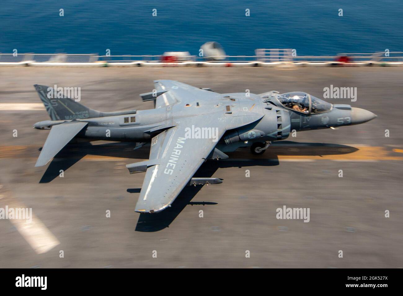 210803-N-OJ308-2018 ARABIAN GULF (Aug. 3, 2021) An AV-8B Harrier ...