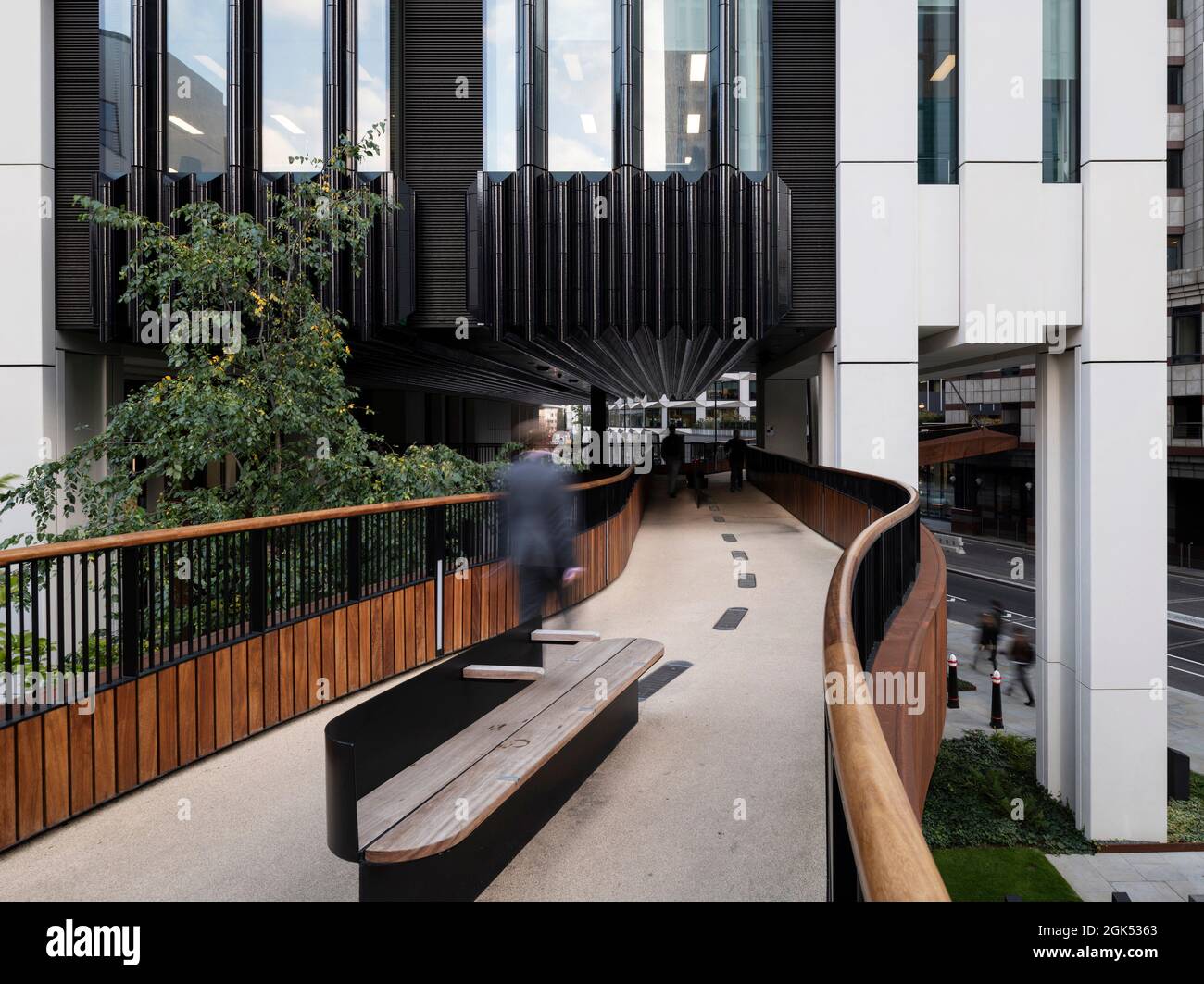 Elevated walkway and seating. London Wall Place, London, United Kingdom ...