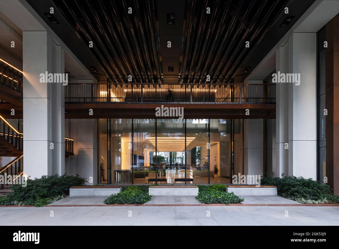 View back into building lobby from covered pedestrian route. London ...