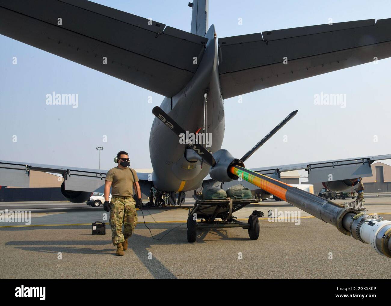 A 92nd Aircraft Maintenance Squadron Airman inspects the boom of a KC ...