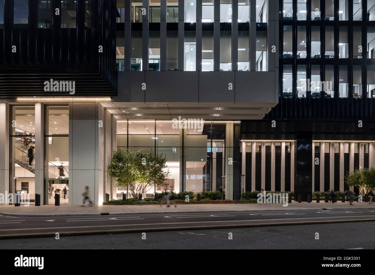 Building 1 entrance from across London Wall at night showing lighting ...