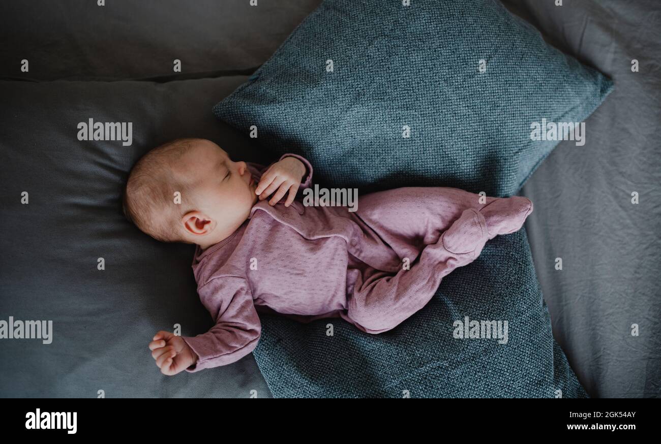 Top view of newborn baby girl, sleeping an lying on sofa indoors at home Stock Photo - Alamy