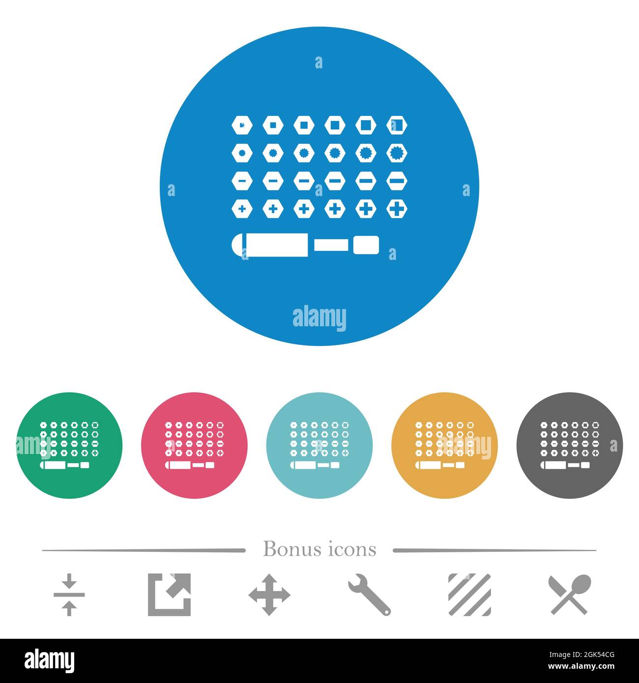 Set of screwdriver bits flat white icons on round color backgrounds. 6 ...
