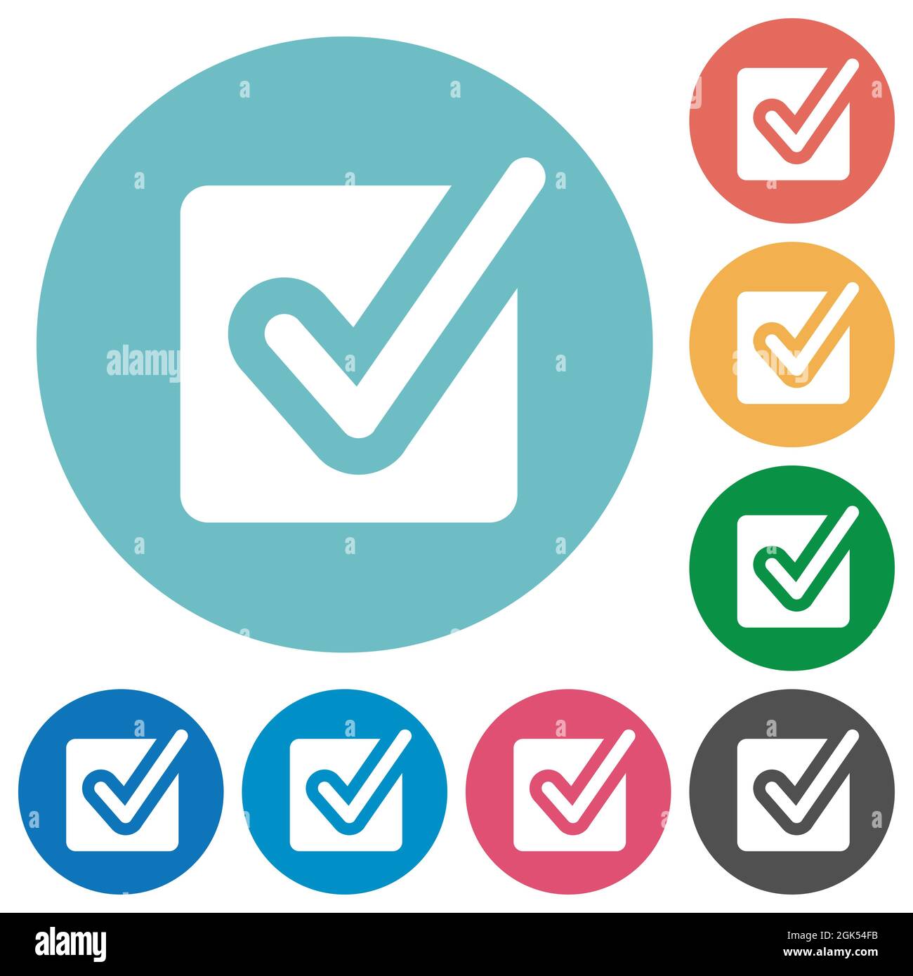 Checked box solid flat white icons on round color backgrounds Stock ...