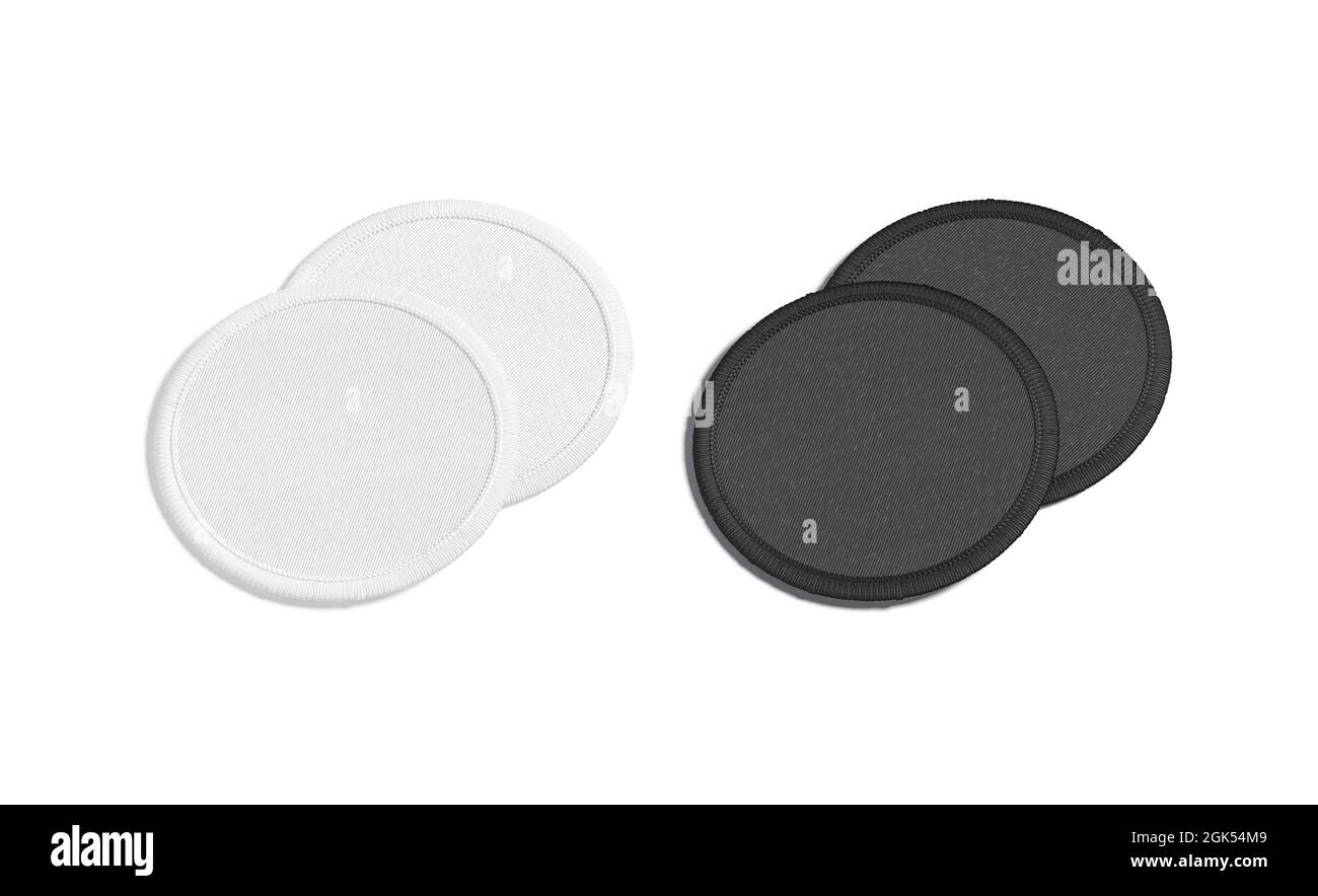 Blank black and white round embroidered patch mockup pair, isolated ...