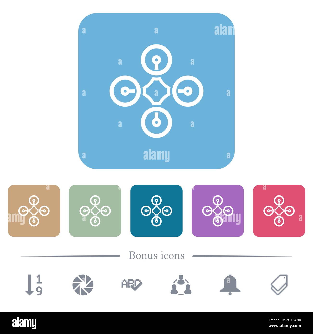 Drone top view outline white flat icons on color rounded square ...