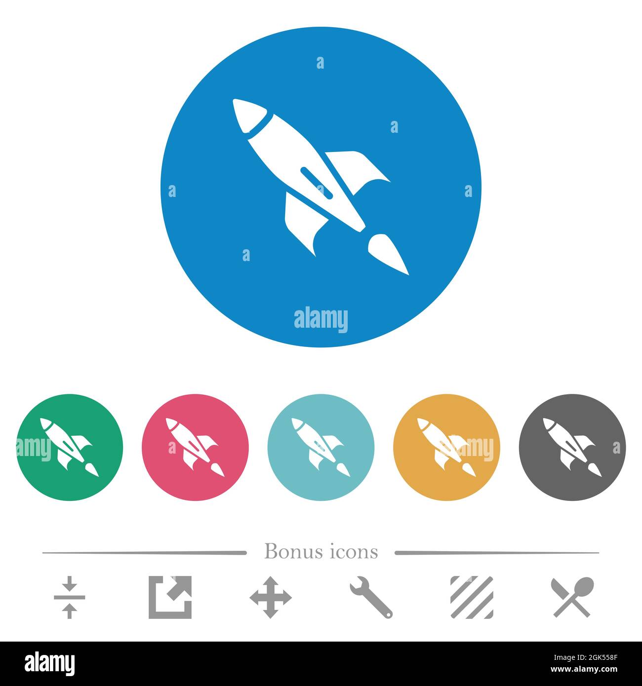 Single launched rocket flat white icons on round color backgrounds. 6 ...