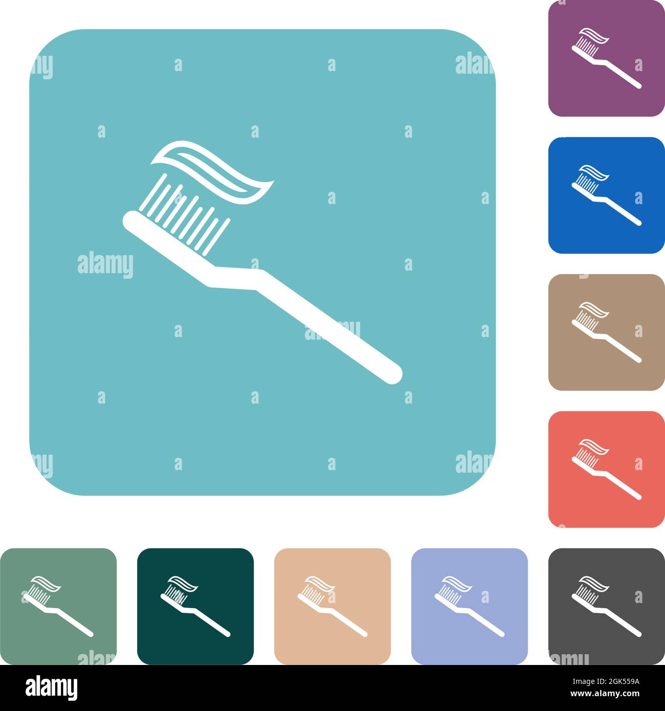 Toothbrush with toothpaste white flat icons on color rounded square ...