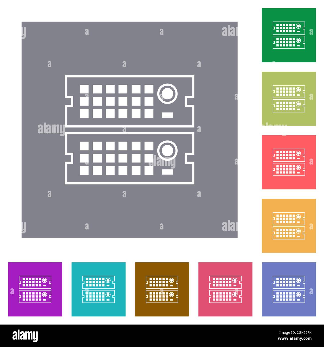 Rack servers outline flat icons on simple color square backgrounds ...