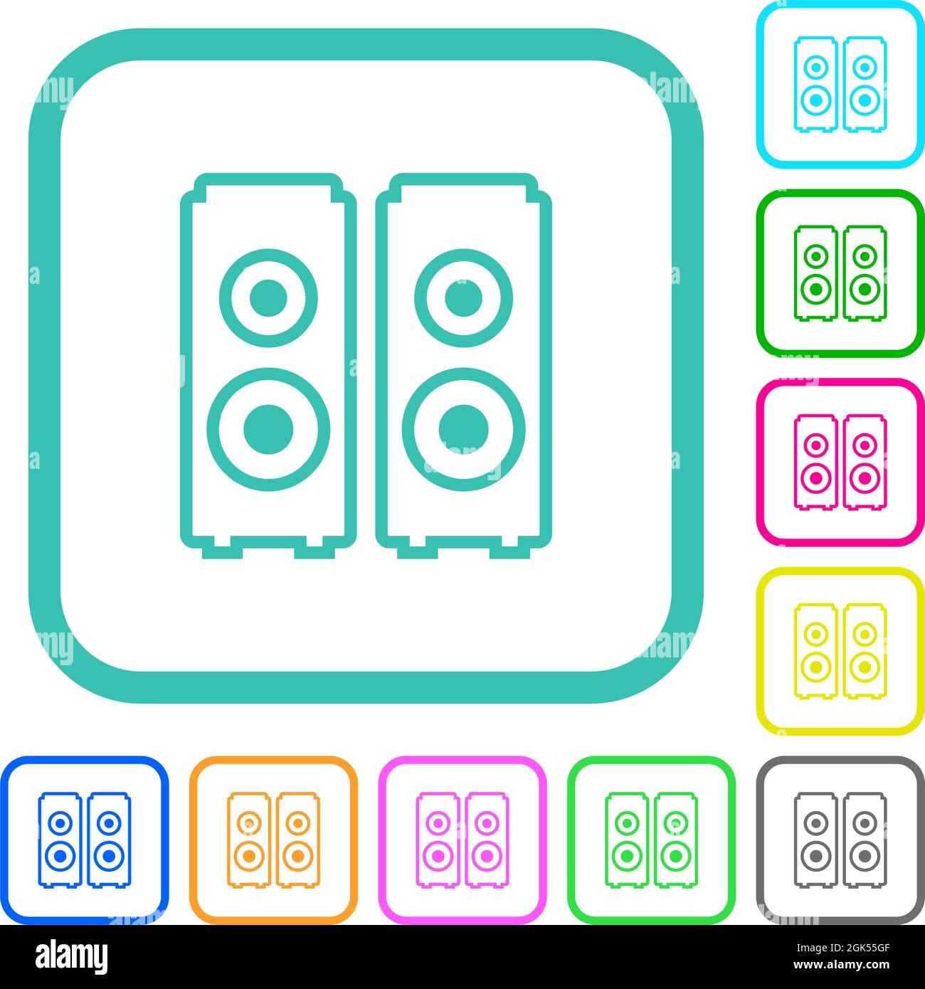 Speakers outline vivid colored flat icons in curved borders on white ...