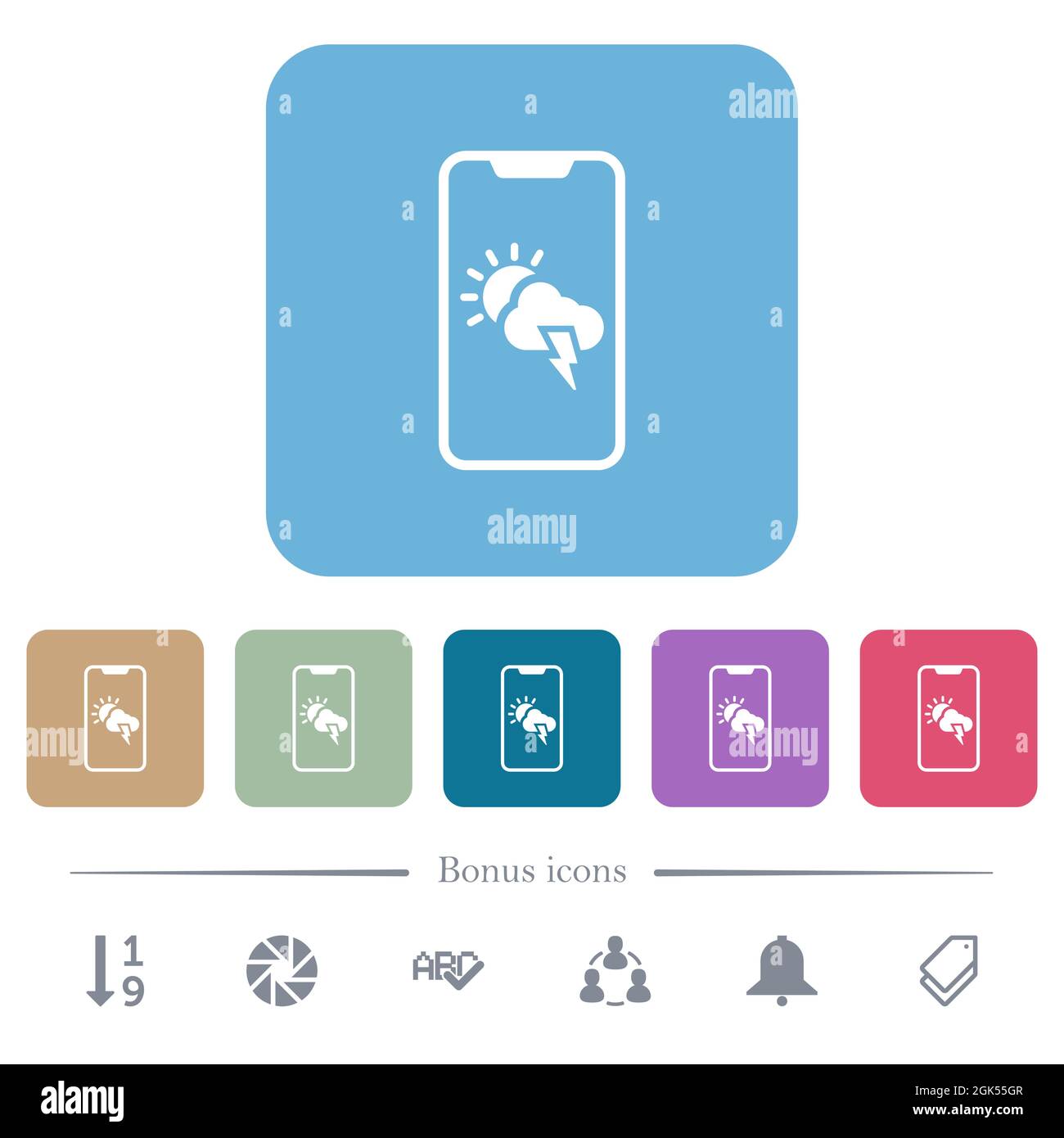Weather forecast on modern smartphone white flat icons on color rounded ...